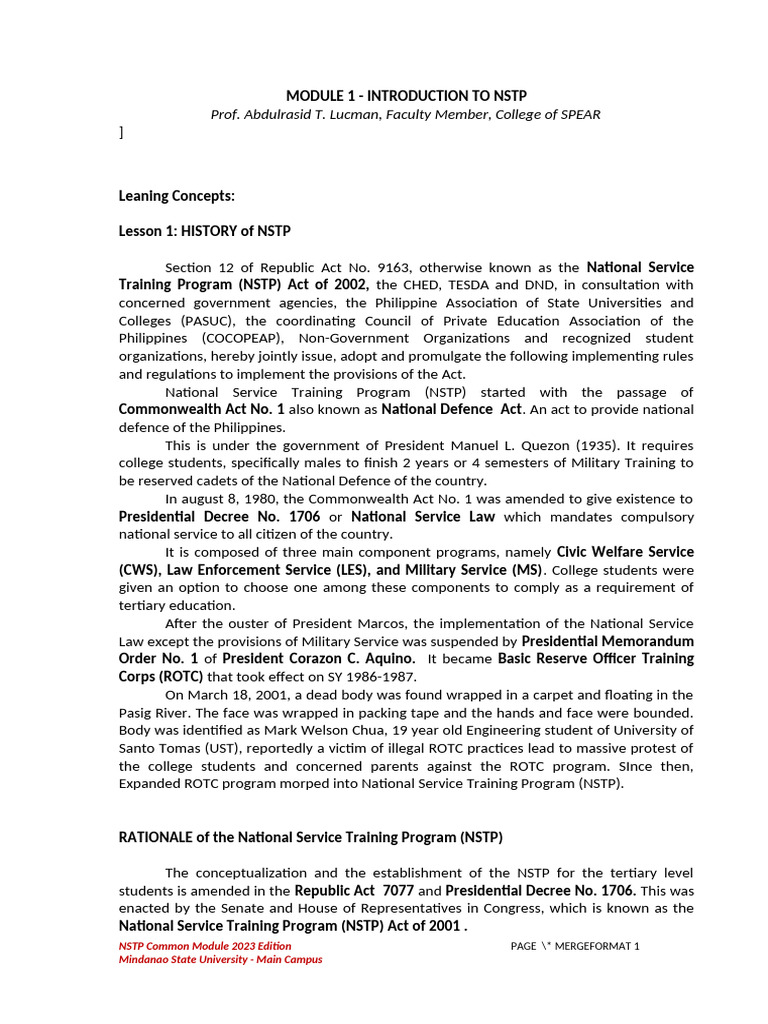 NSTP MODULE 1 Introduction To NSTP | PDF | Philippines