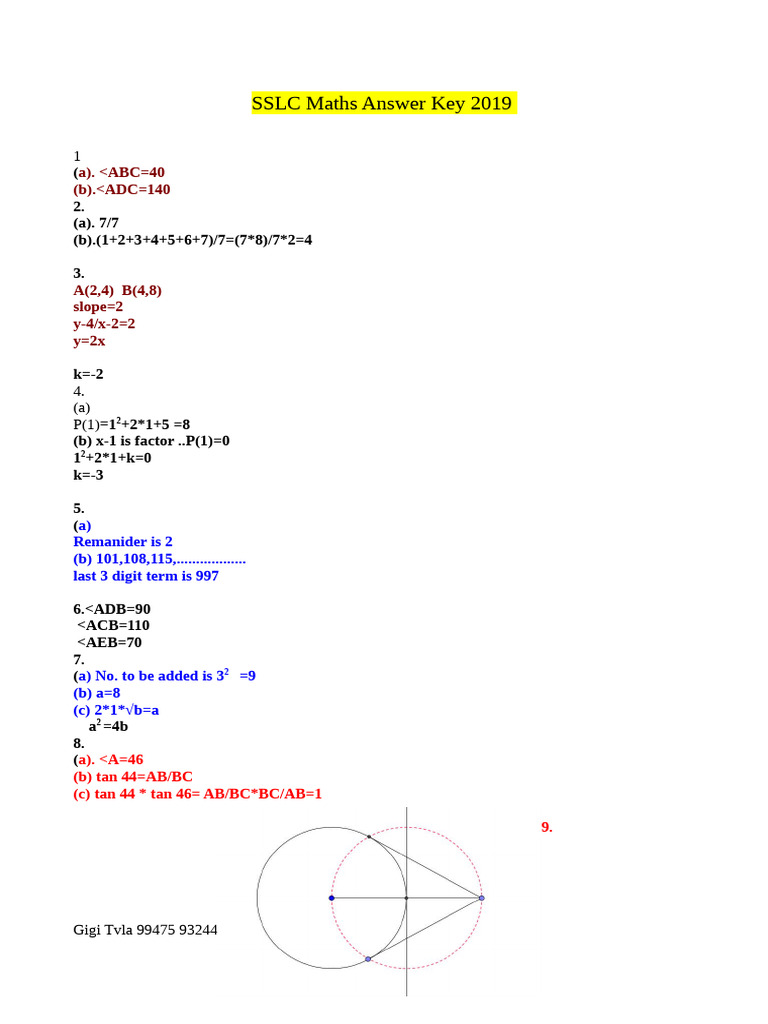 MATHS Answer Key English Medium SSLC March 2019 by GIGI Varughese Sir | PDF
