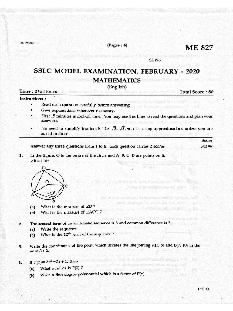 Maths (EM) - Question Paper SSLC Model Exam 2020 | PDF