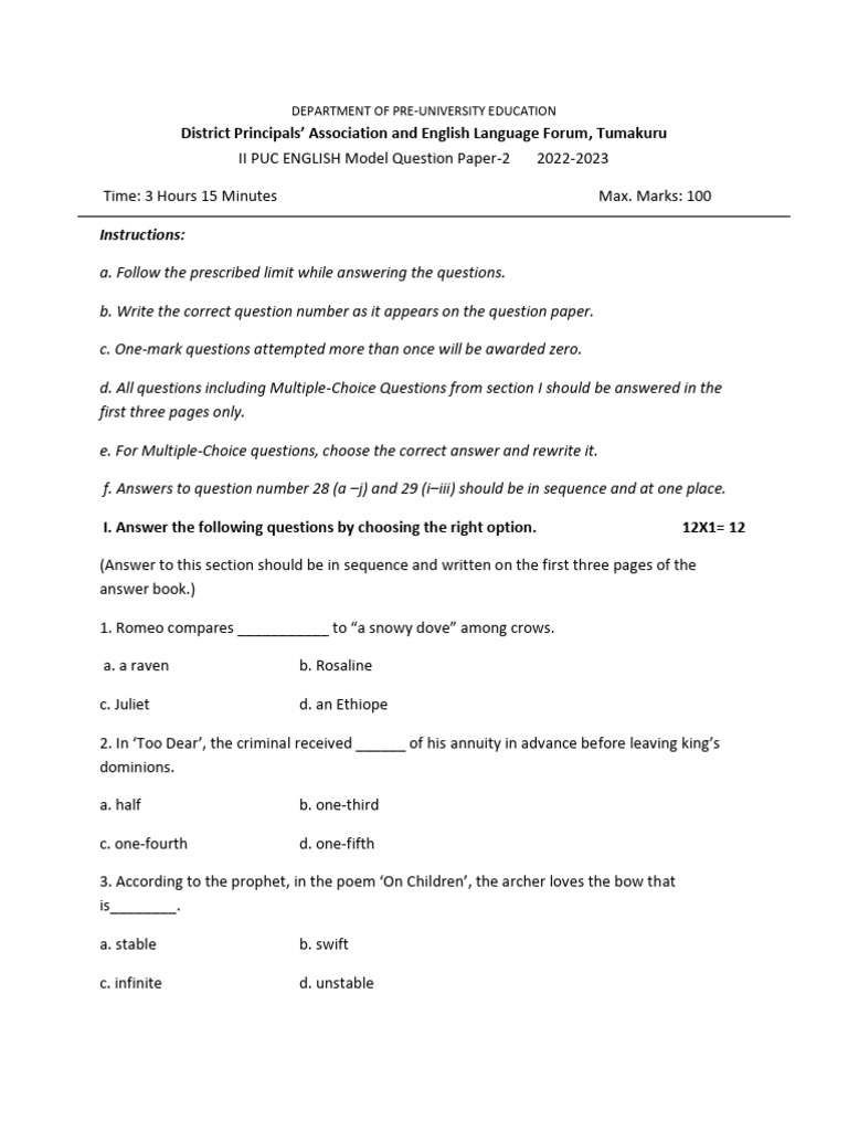 Tumakuru Dist English Model Paper 2 | PDF | Charlie Chaplin