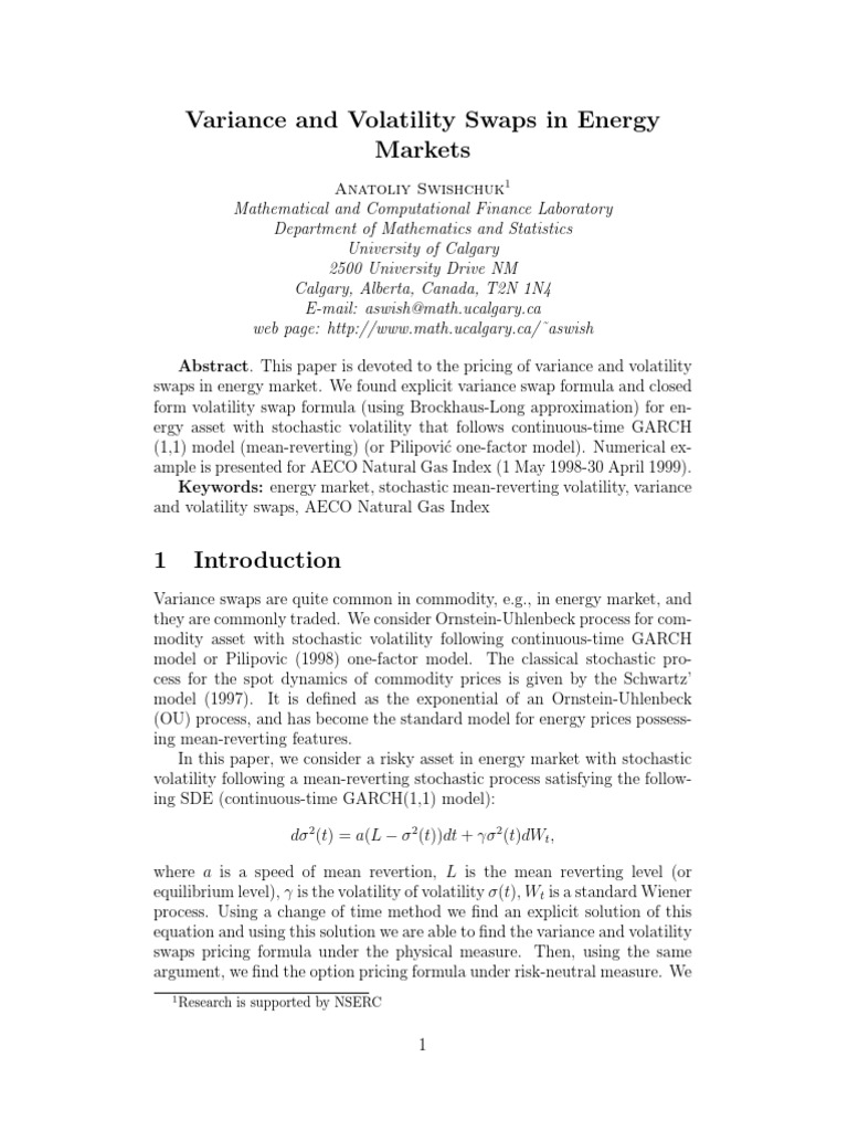Pricing Variance and Volatility Swaps in Energy | PDF | Volatility ...