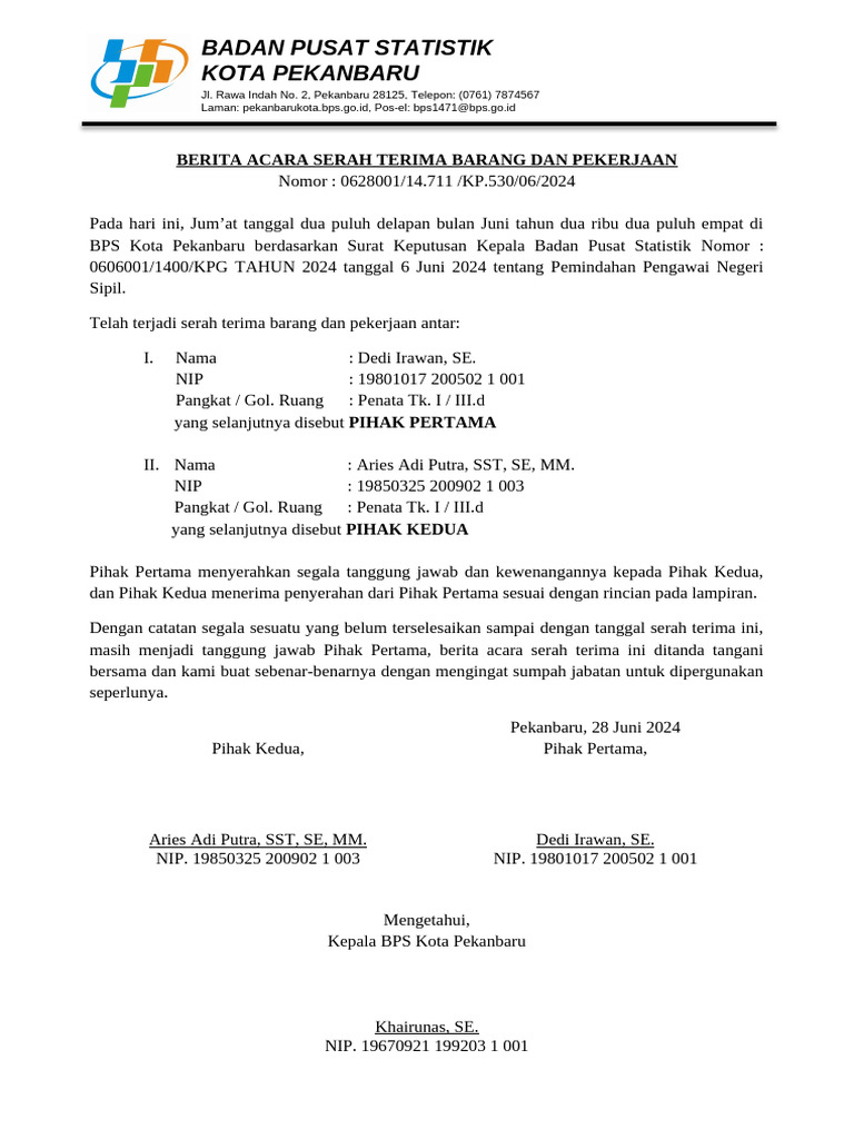 001 - BA Serah Terima Pekerjaan 28 Juni 2024 - Draf | PDF