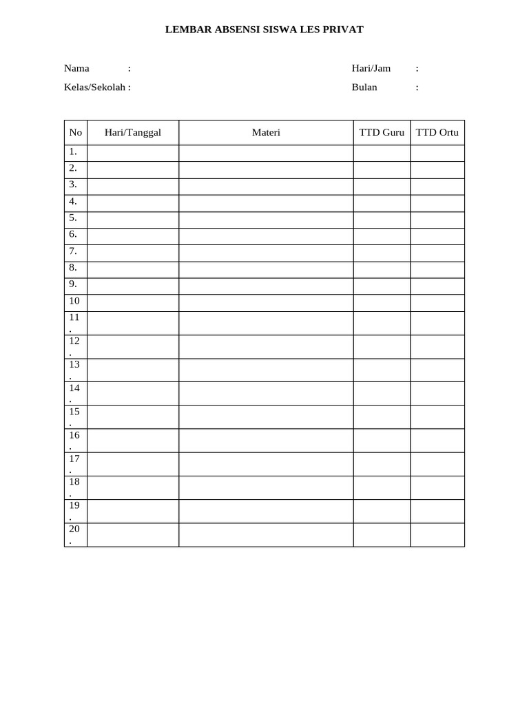 Lembar Absensi Siswa Les Privat | PDF