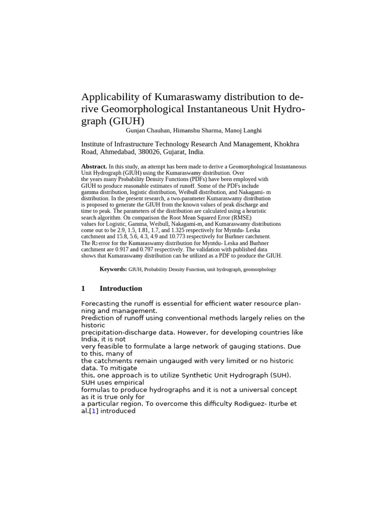 Applicability of Kumaraswamy Distribution To Derive Geomorphological Instantaneous Unit ...
