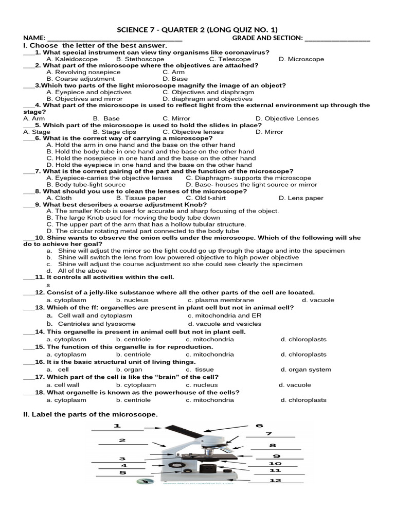 Light Microscope Quiz for Students | PDF | Cell (Biology) | Cytoplasm