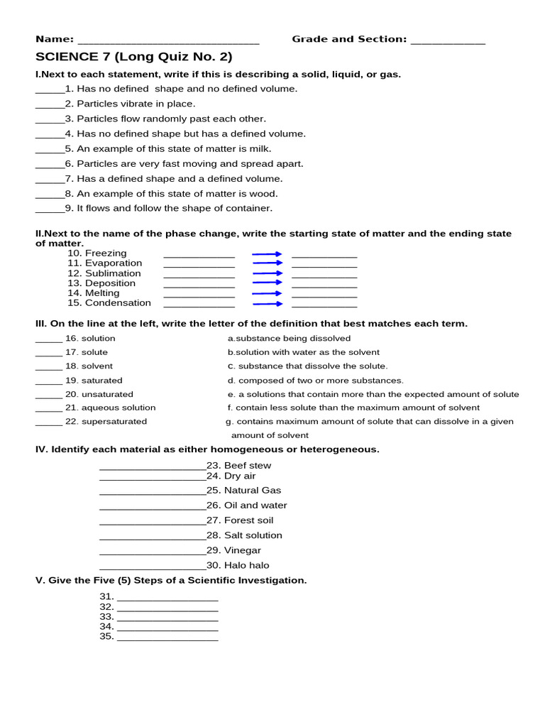 Grade 7 States of Matter Quiz PDF | PDF | Condensed Matter Physics ...