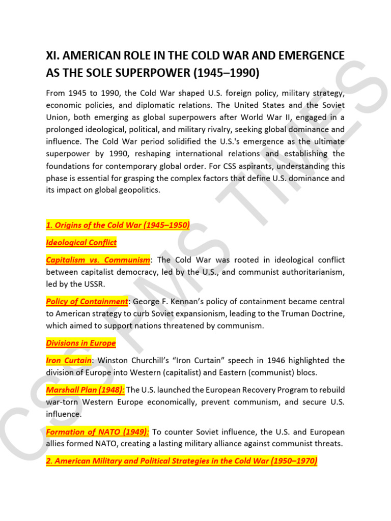 XI. AMERICAN ROLE IN THE COLD WAR AND EMERGENCE AS THE SOLE SUPERPOWER ...