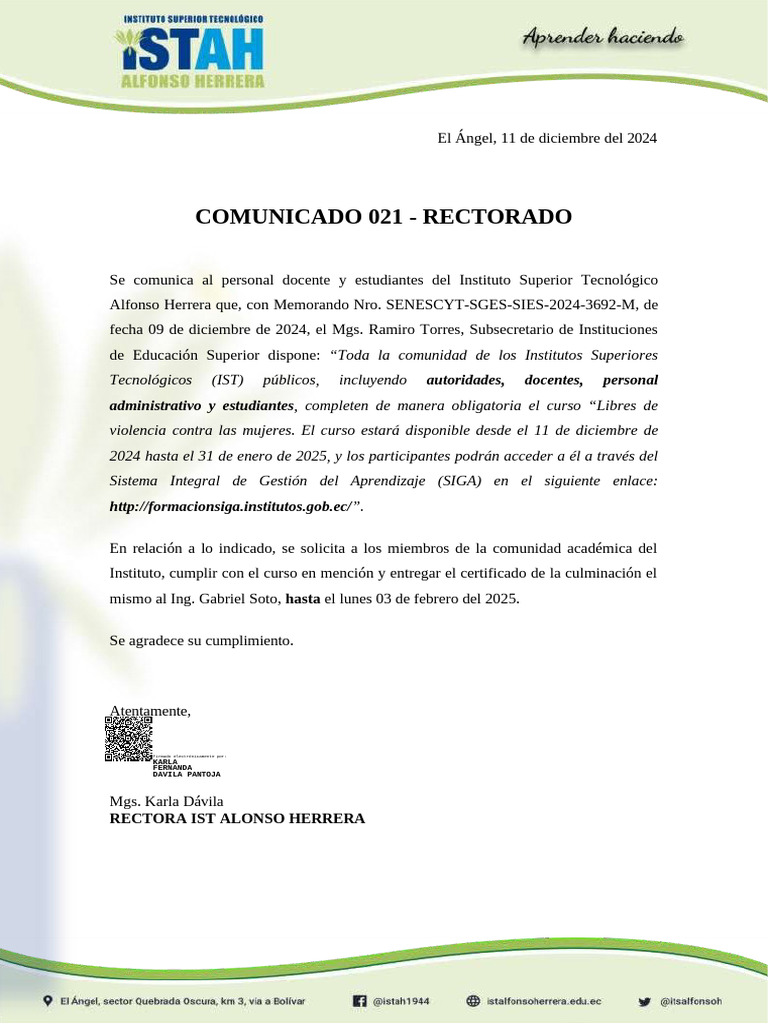 Comunicado 021 - Rectorado - Curso Libre de Violencia Contra La Mujer | PDF