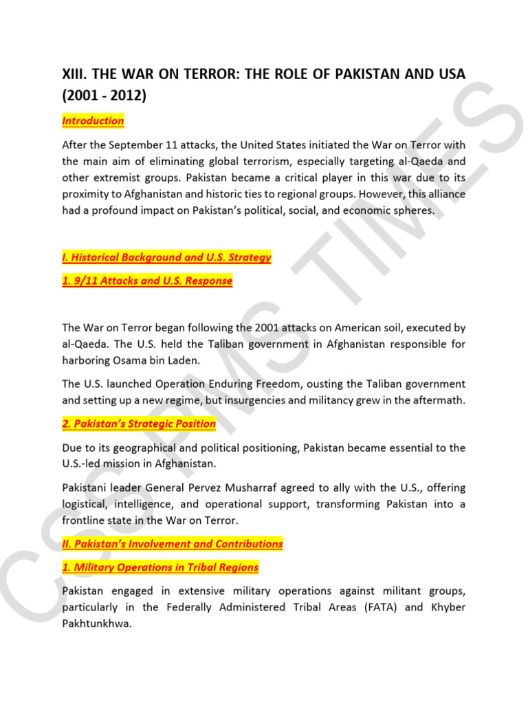 Xiii. The War On Terror The Role of Pakistan and Usa (2001 2012) | PDF ...