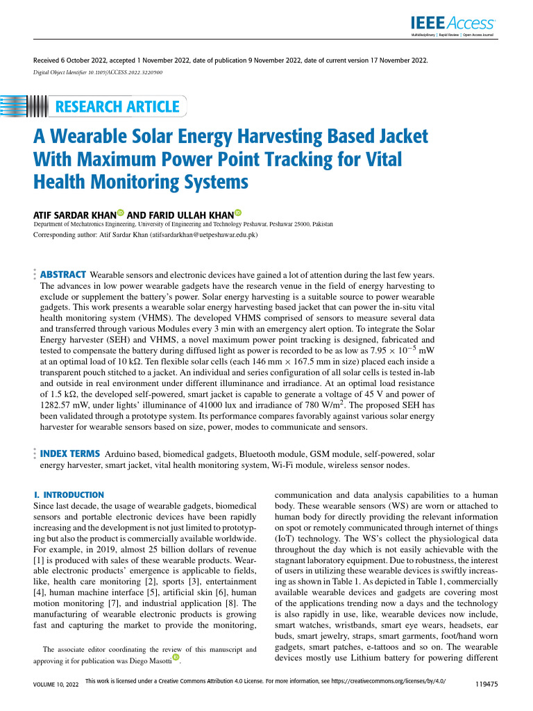 A Wearable Solar Energy Harvesting Based Jacket With Maximum Power ...