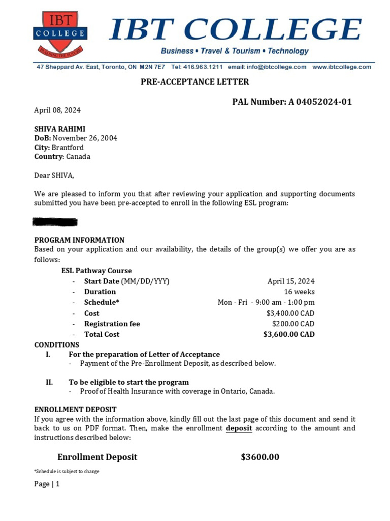 ESL Program Pre-Acceptance | PDF