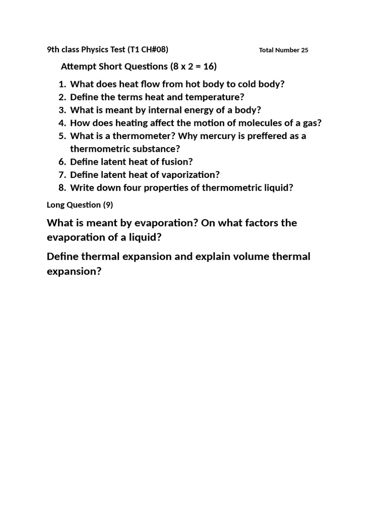 9th Class Physics Test (1) | PDF