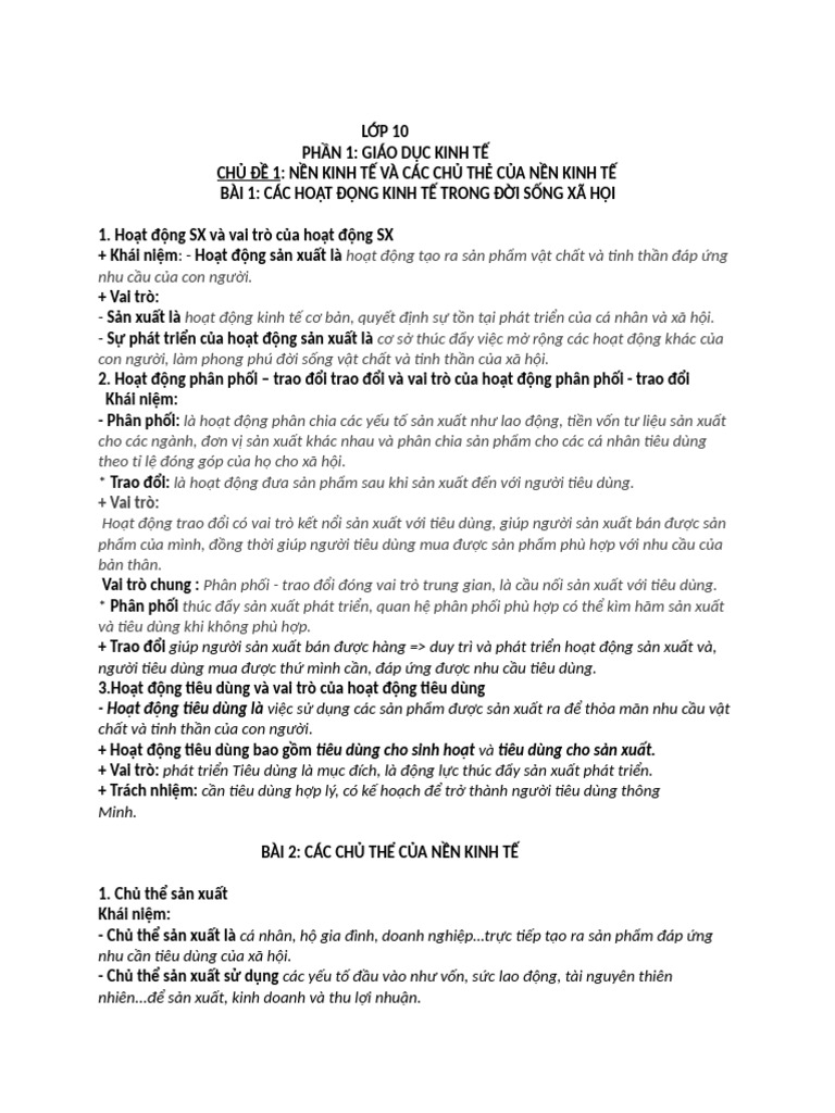 Đề Cương Thi HSG KTPL 10 | PDF