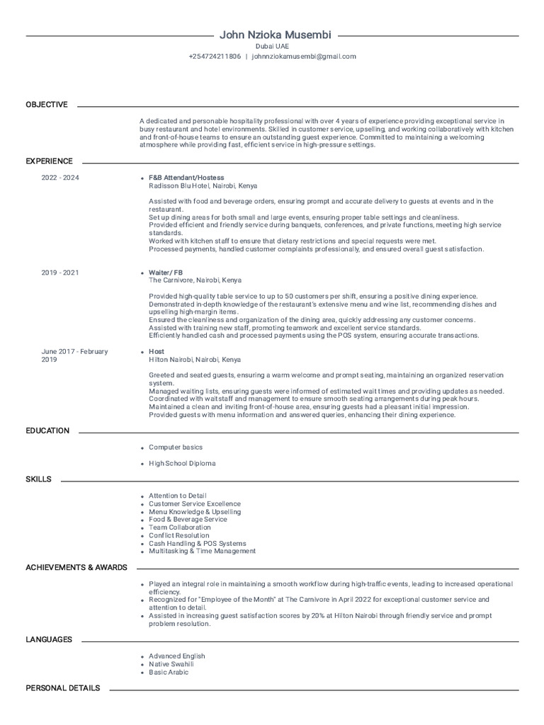 CV_2025012707312594 | PDF | Waiting Staff | Restaurants