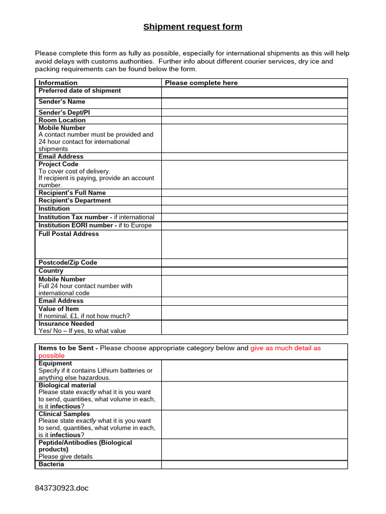 Shipment Request Form | PDF | Ice | Courier