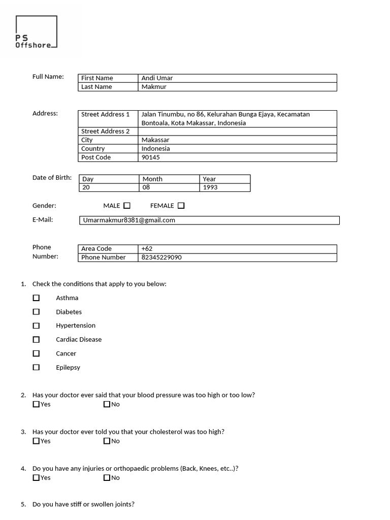 Medical Questionnaire PS Offshore Vessels | PDF | Hypertension ...