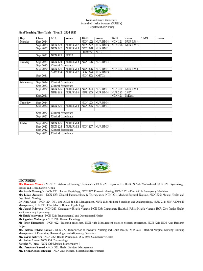Final Teaching Timetable - Trim 2 2024-2025 | PDF | Health Care ...