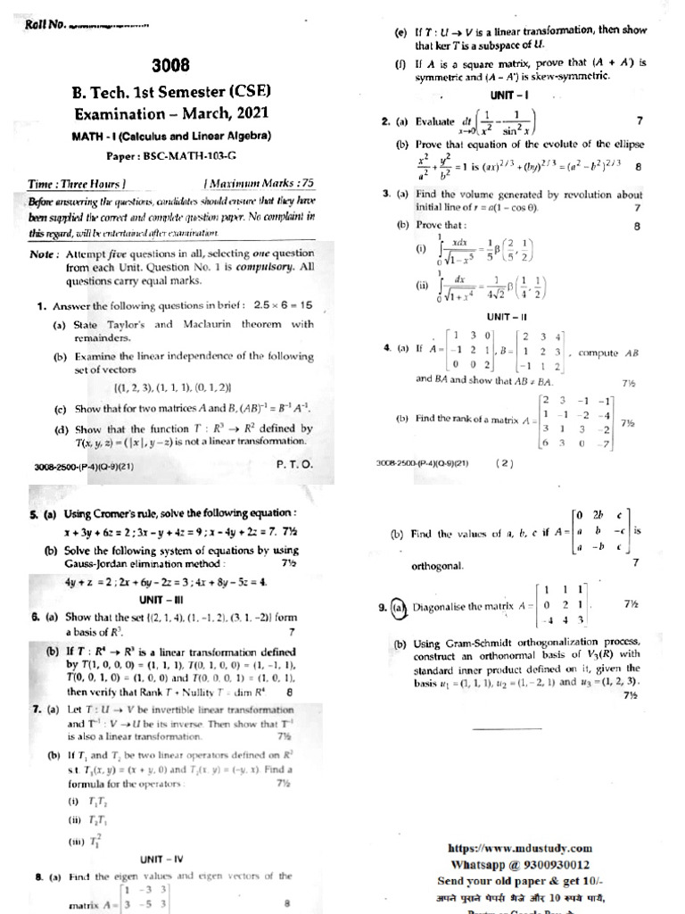 Btech 1 Sem Math 1 Calculus and Linear Algebra 3008 Mar 2021 | PDF