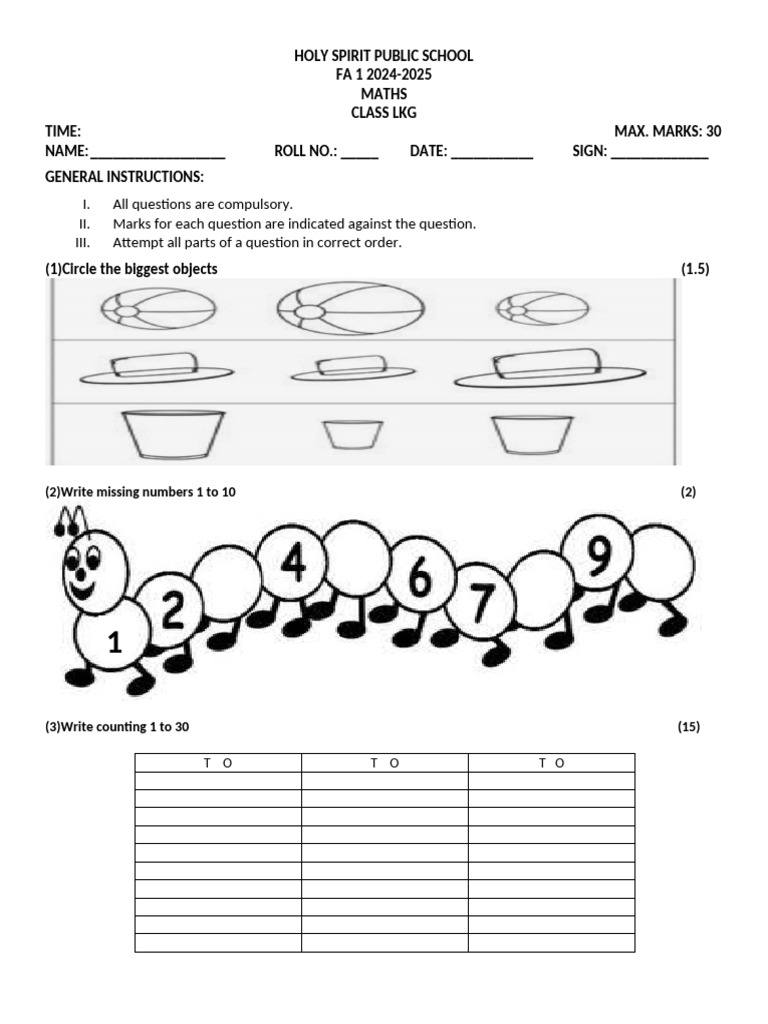 LKG Maths FA1 Question Paper 2024-25 | PDF