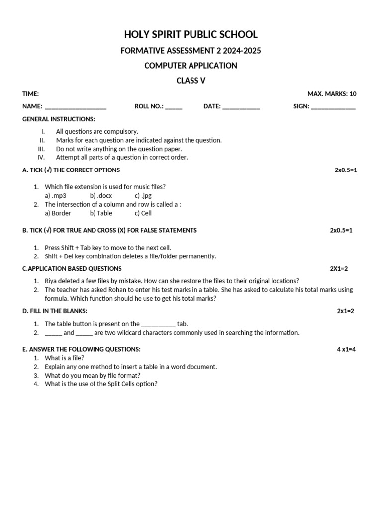 Class V Computer Application Assessment | PDF