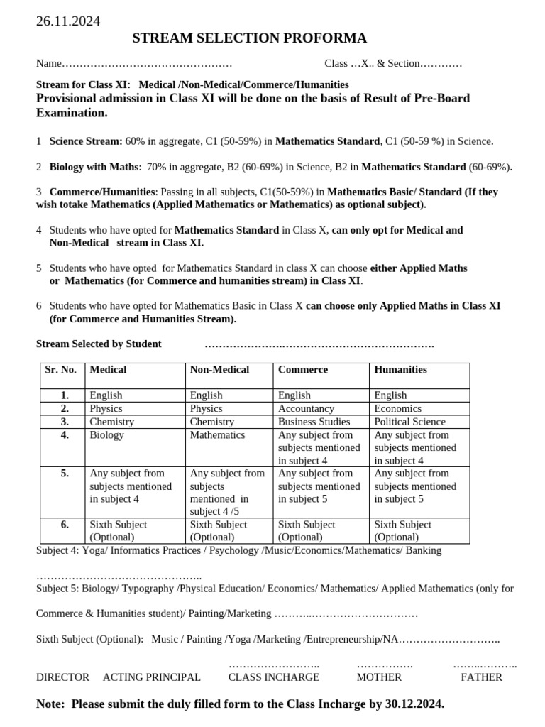 Class 11 Stream Selection Form 2024 | PDF | Applied Mathematics