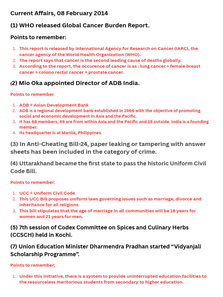 Key Current Affairs - February 8, 2014 | PDF | Asian Development Bank ...