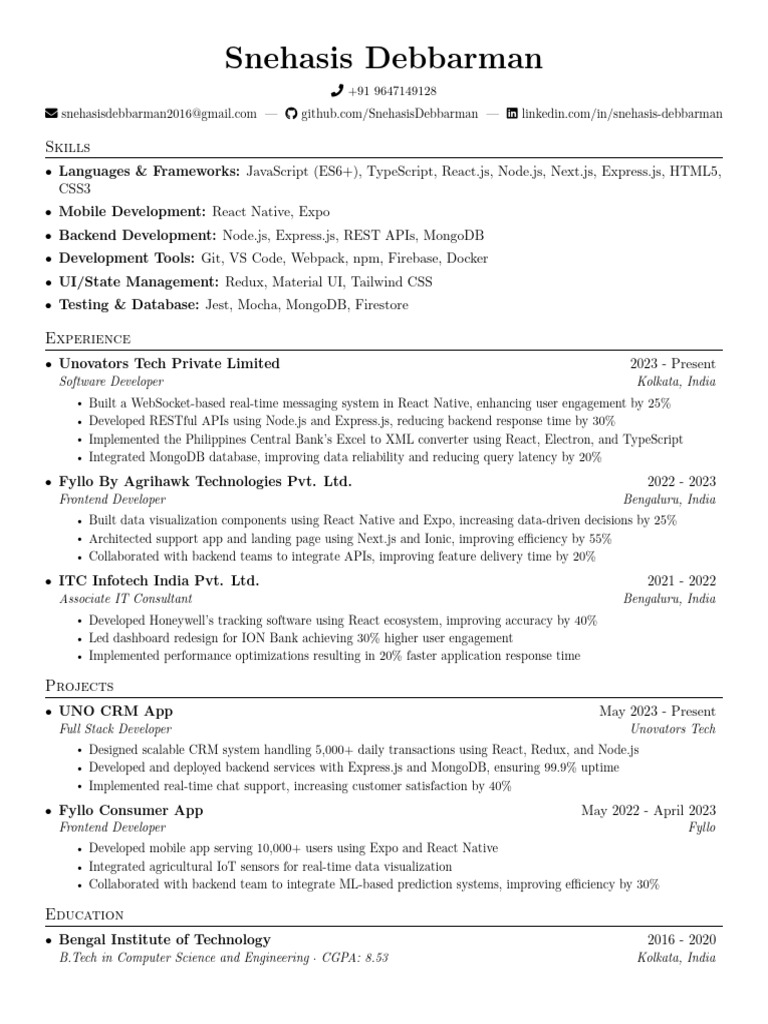 Snehasis Debbarman Fullstack Developer 4YOE | PDF | Mongo Db | Computing