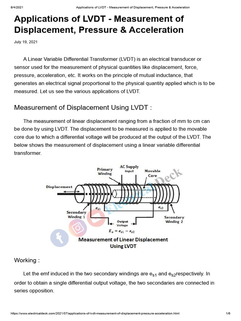 Applications of LVDT - Measurement of Displacement, Pressure & Acceleration | PDF | Transformer ...