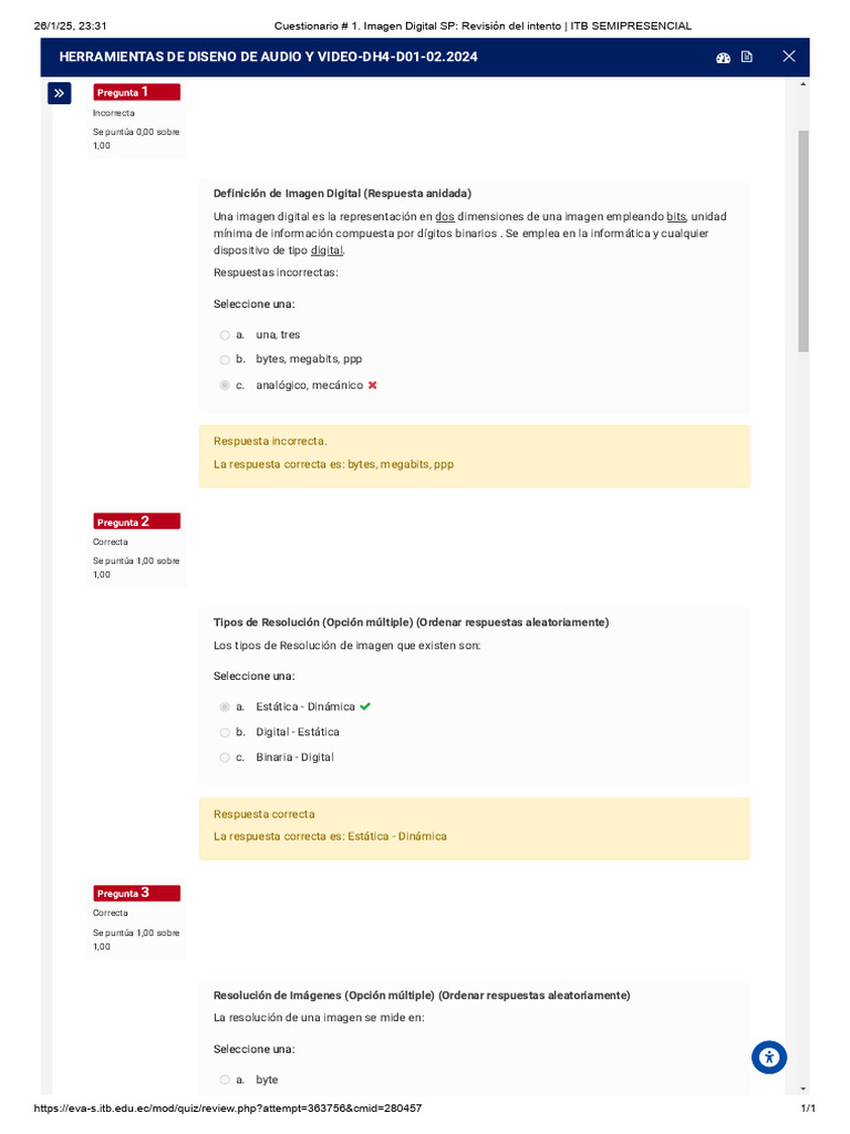 Cuestionario # 1. Imagen Digital SP - Revisión Del Intento - ITB SEMIPRESENCIAL 1 | PDF | Byte ...