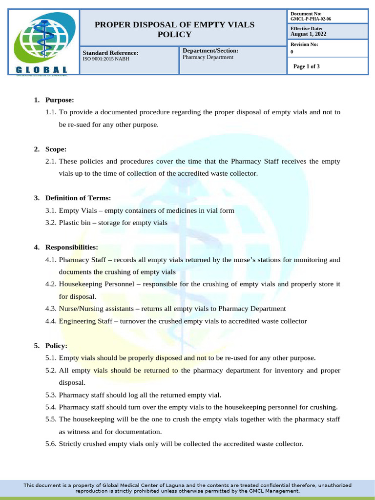 Gmcl-P-Pha-02-06 Proper Disposal of Empty Vials Policy | PDF | Pharmacy ...