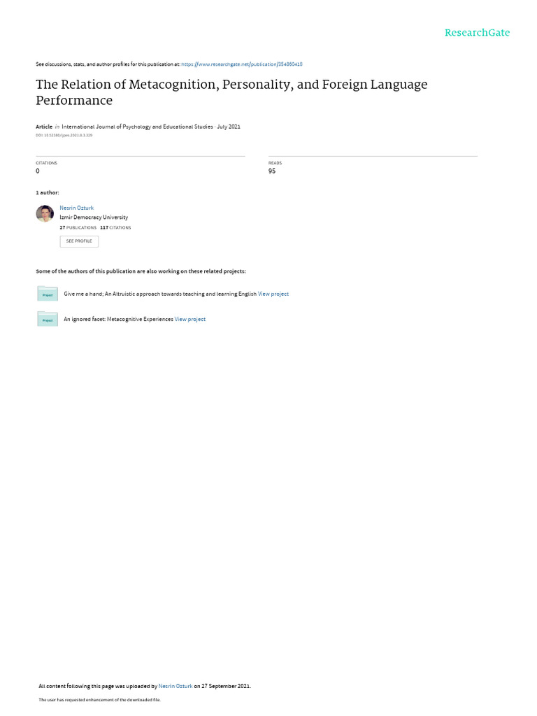 The Relationof Metacognition Personalityand Foreign Language Performance 1 | PDF | Metacognition ...