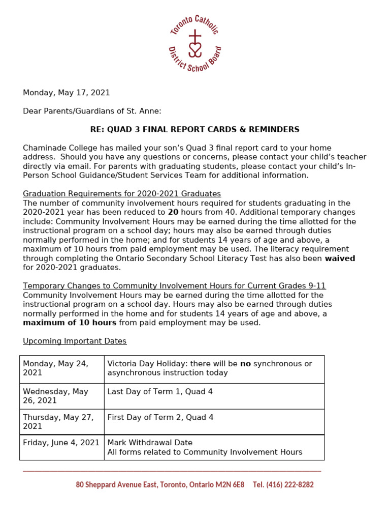 UPDATED Quad 3 Final Report Card Parent Letter - ST Anne | PDF