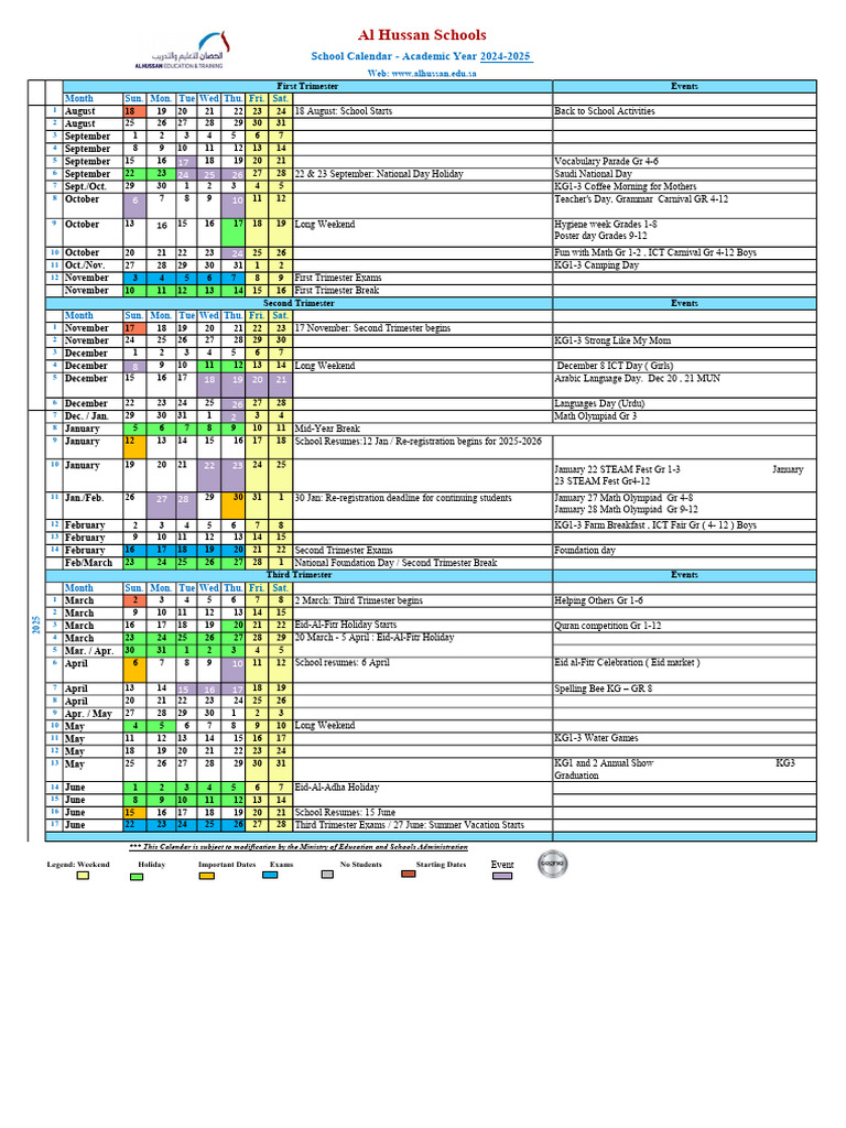 Al Hussan School Calendar 2024-2025 | PDF | Academic Term | Schools