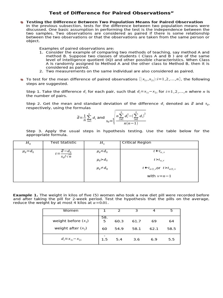 Paired Observations Mean Difference Test | PDF | Standard Deviation ...