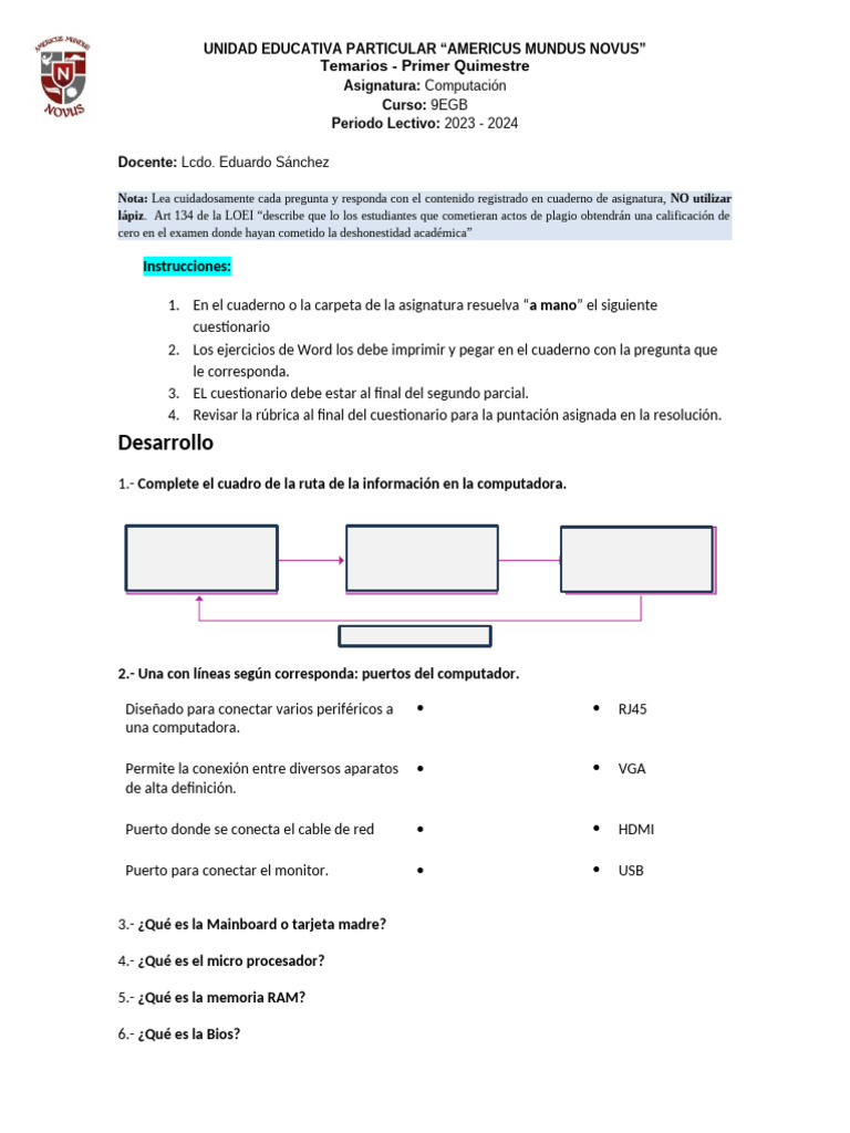 Cuestionario Computaci N 9EGB 1 | PDF | Memoria USB | Hardware de la computadora