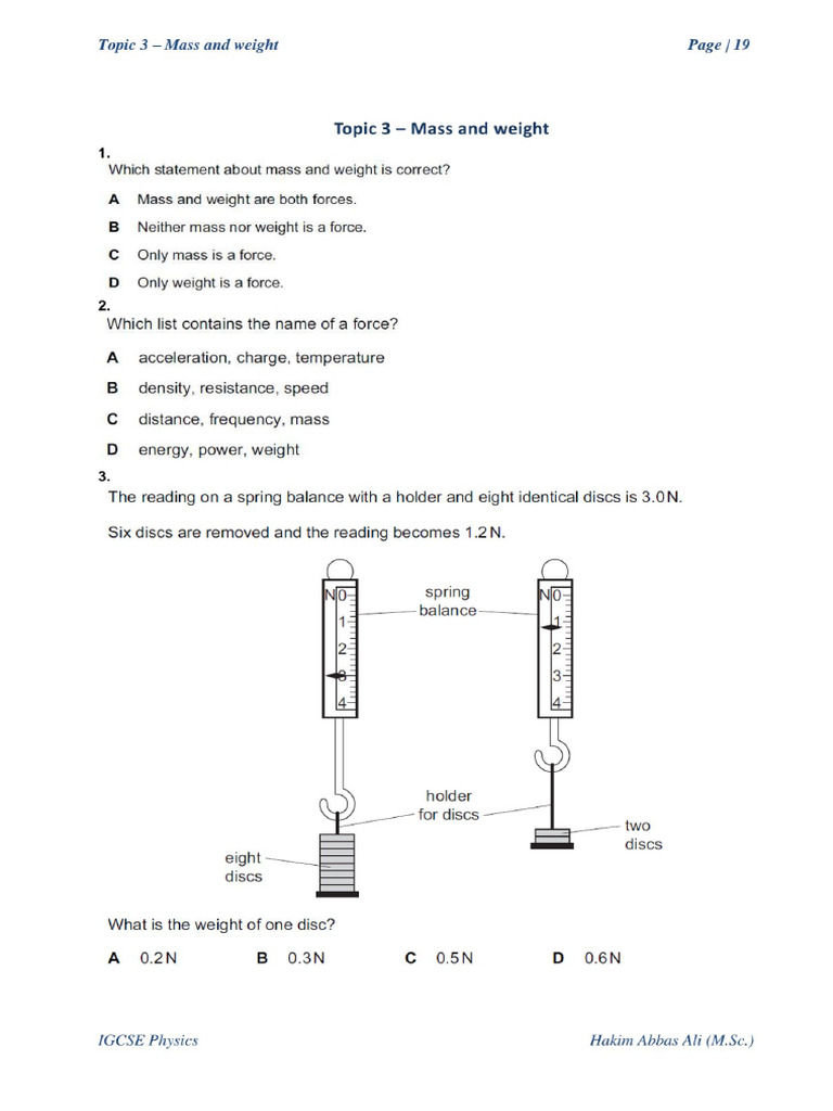 MASS AND WEIGHT.PHYSICS.MCQS | PDF