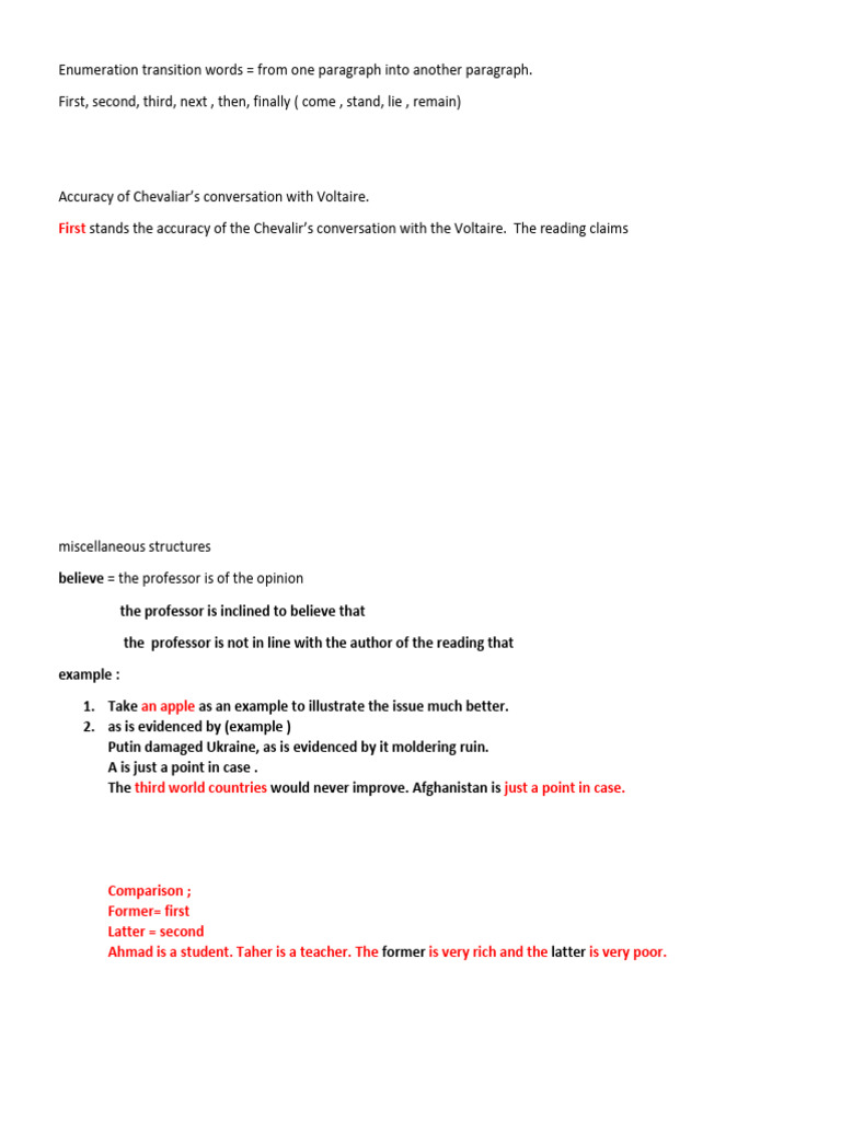 Enumeration Transition Words | PDF