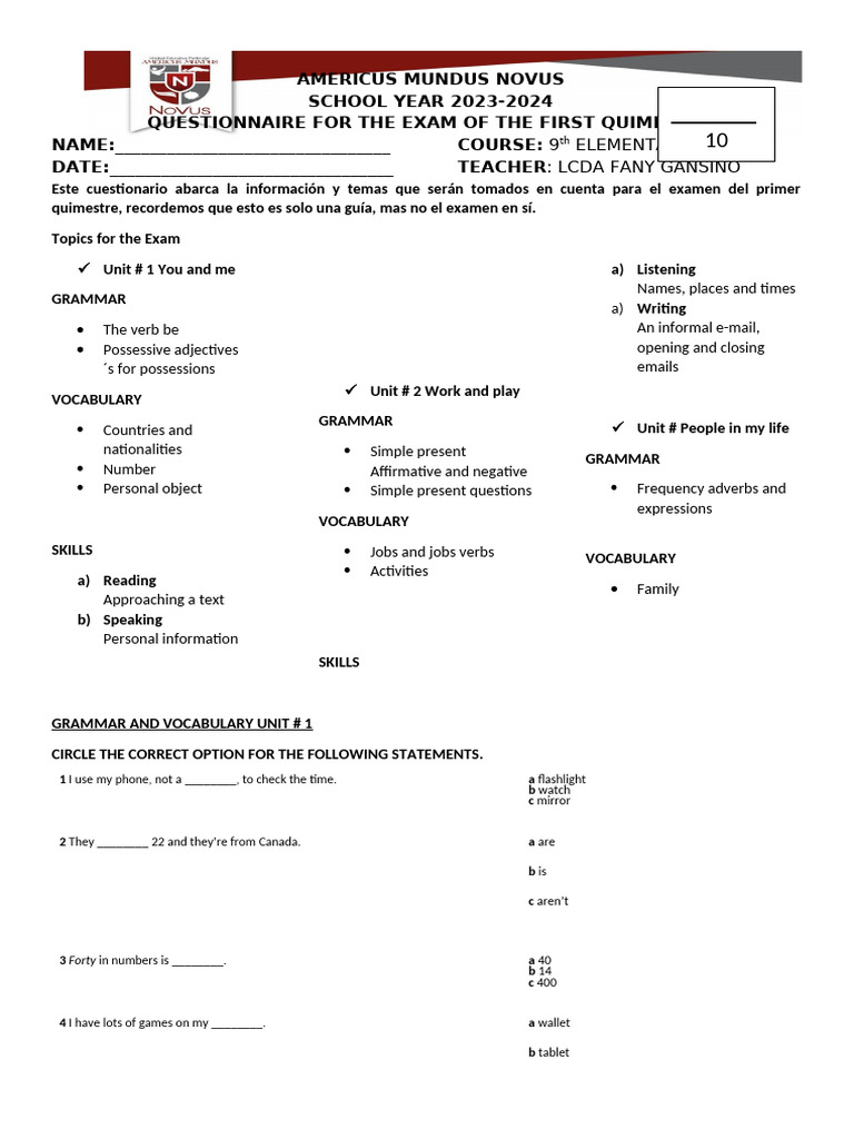 9th Grade Exam Questionnaire 2023-2024 | PDF | Syntax | Grammar