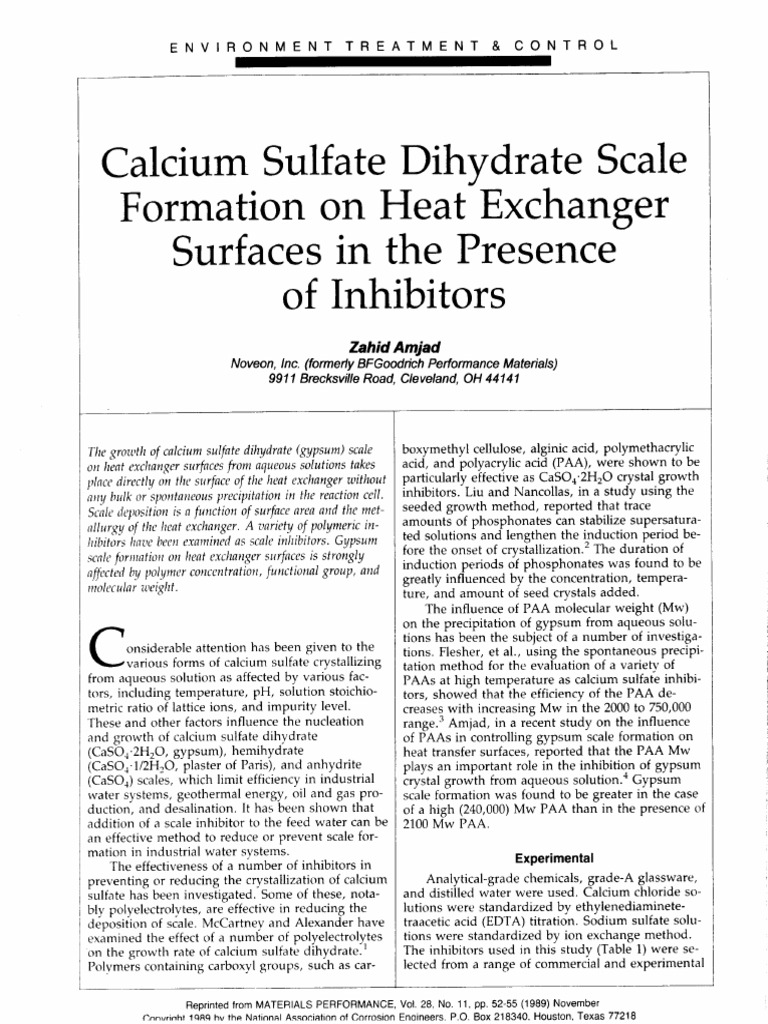 Calcium Sulfate Dihydrate Scale Formation on Heat Exchanger Surfaces in ...