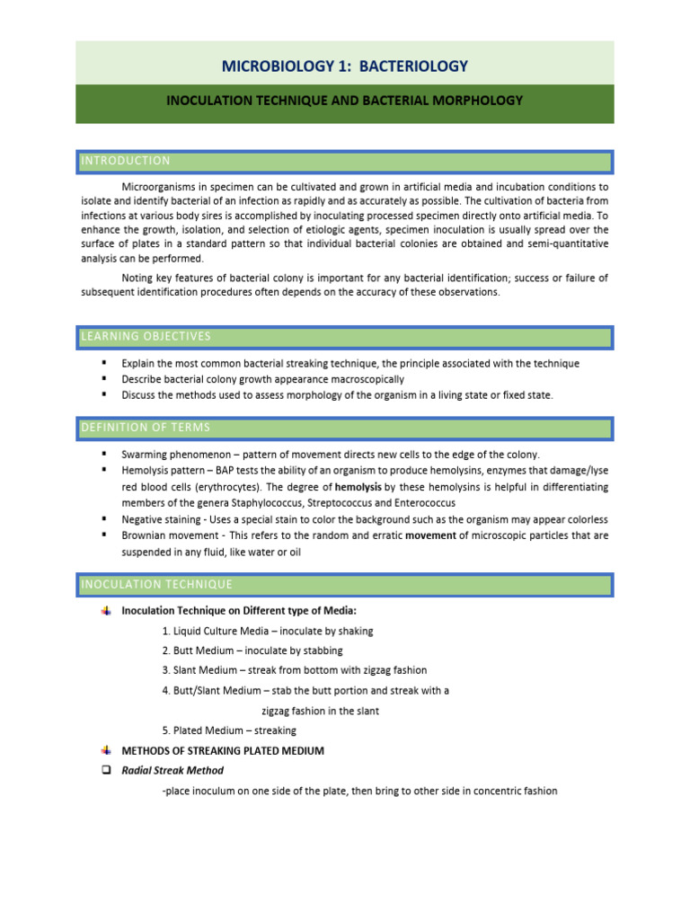 Bacteriology Inoculation Techniques Guide | PDF | Staining | Bacteria