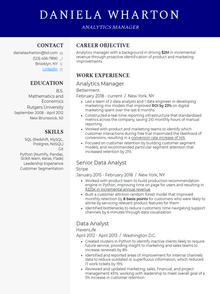 Analytics Manager Resume: Daniela Wharton | PDF | Analytics ...