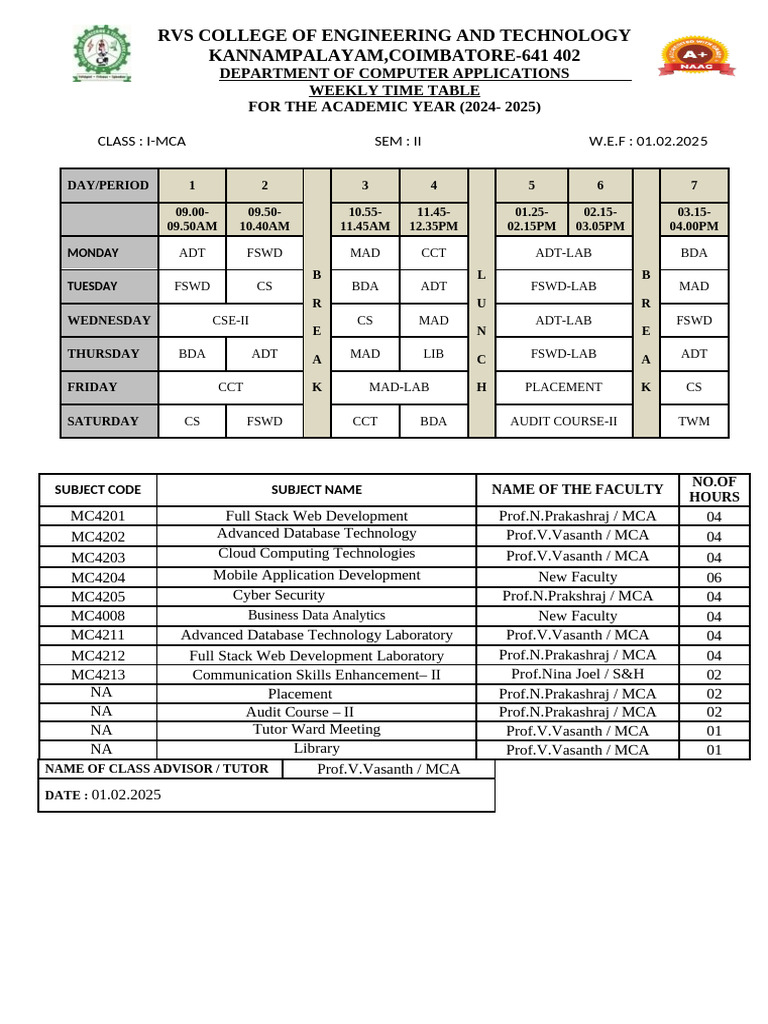 2024-2025 ODD Sem Time Table (MCA) - New | PDF | Data | Data Management