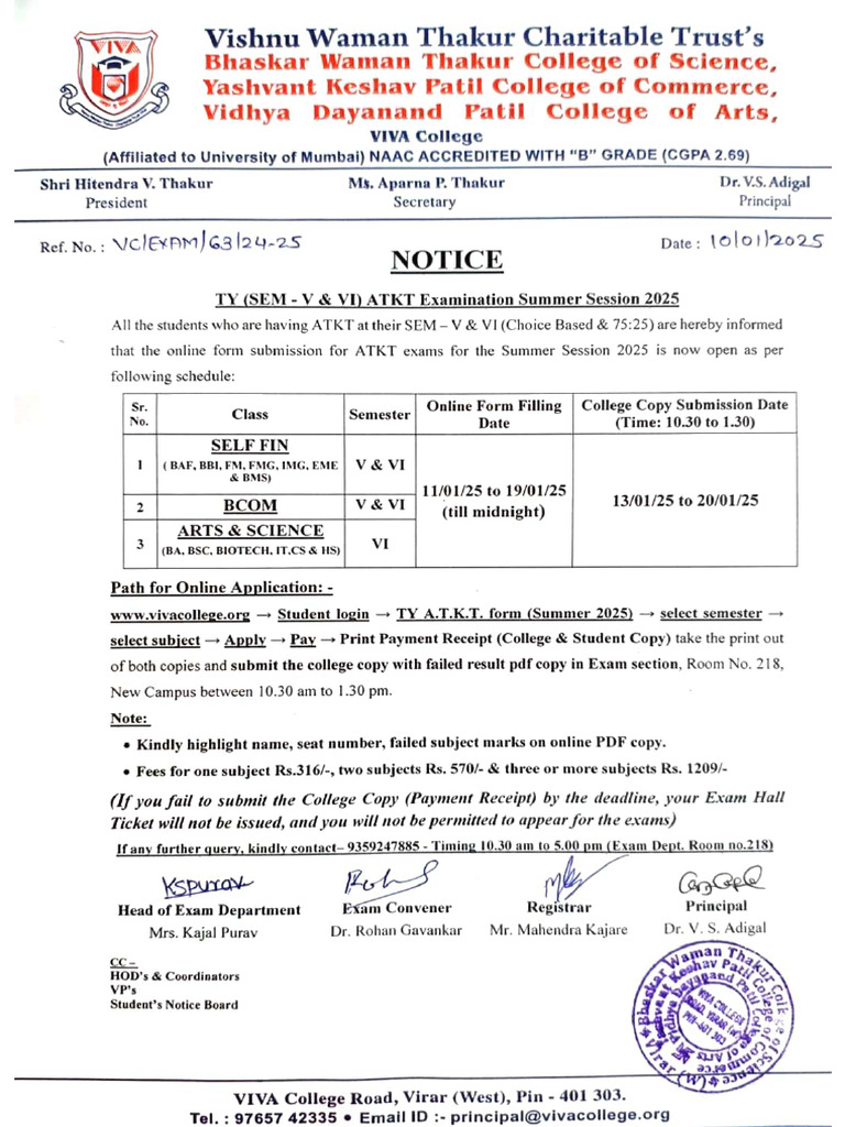 TY (Sem V & VI) ATKT Exam Online Form Notice (Summer 2025) | PDF