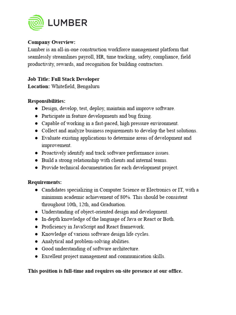 JD - Full Stack Developer | PDF