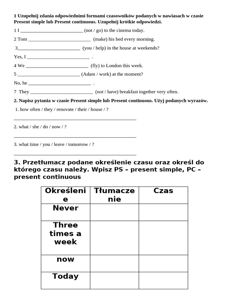 kartkówka present simple present continuous | PDF