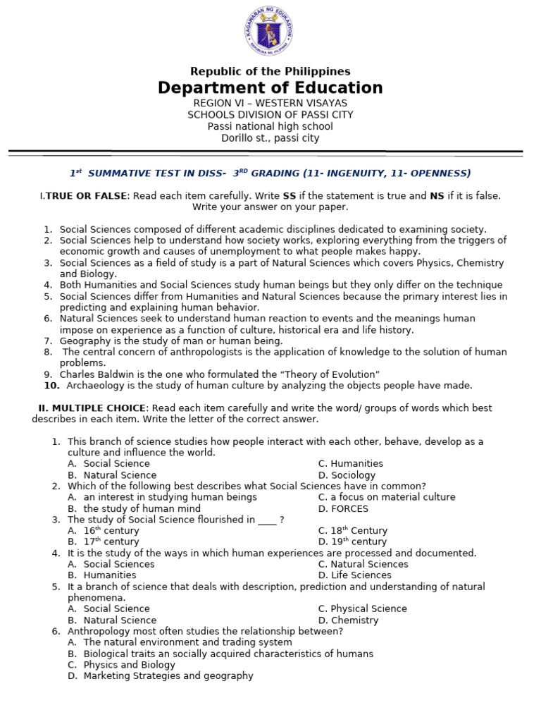 1st Summative Test (DISS)- 01 (3rd Grading) | PDF | Social Sciences ...