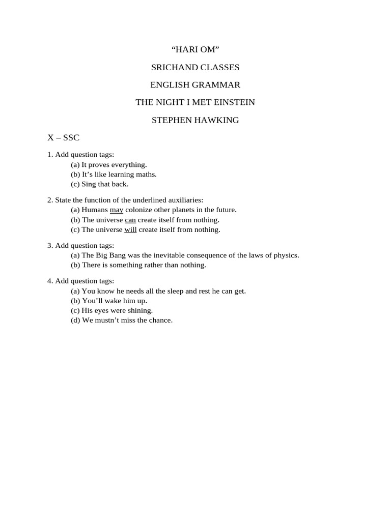 English Grammar X SSC The Night I Met Einstein and Stephen Hawking 2024 ...