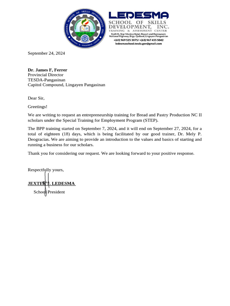 Request Letter for Entrep Training | PDF