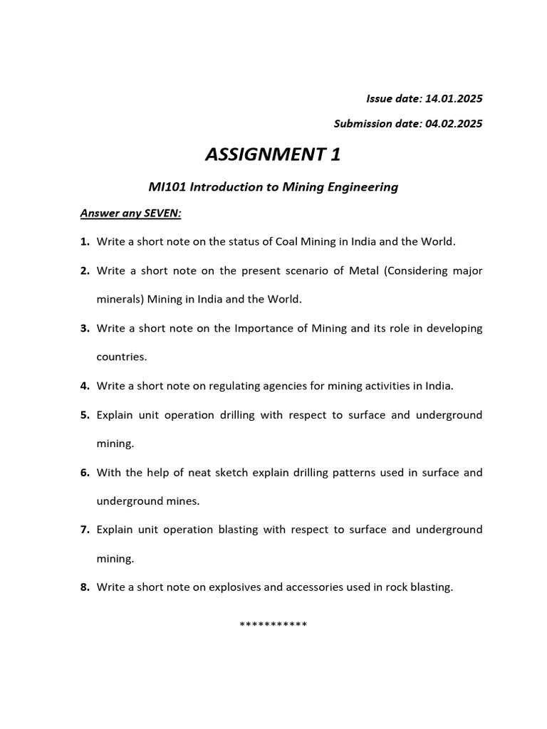 Assisgnment 1 MI101 Introduction To Mining Engineering 2025 | PDF