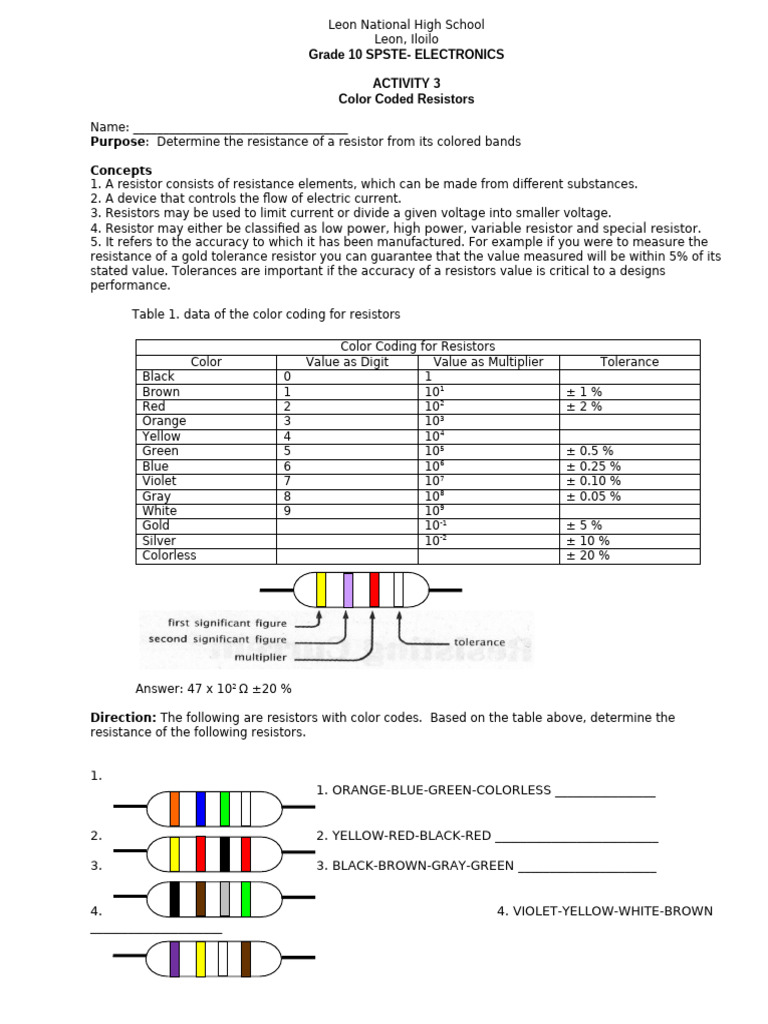 Act 3 Color Coded Resistors | PDF | Resistor | Electrical Resistance ...